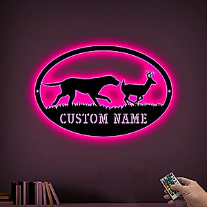 HUSSIO Foxhound with Deer Metal Wall with Lights, Deer Hunting Scene Metal Art, Metal Foxhound Decor, Dog Name Sign, Dog Name Sign,Front Door Decor