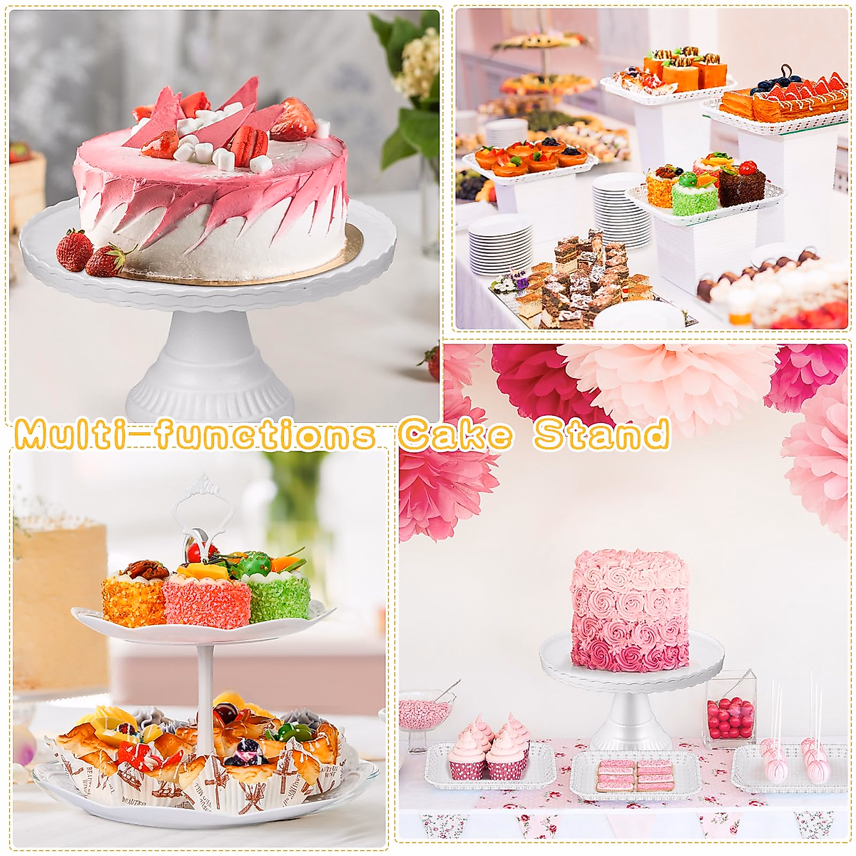 Zhehao 15 Pcs Dessert Table Display Set Tiered Cupcake Stands Serving Tray Plastic 2 Tier 3 Tier Cake Stands Round Cake Stand Candy Fruit Display Tower for Wedding Birthday Party (Silver, White)