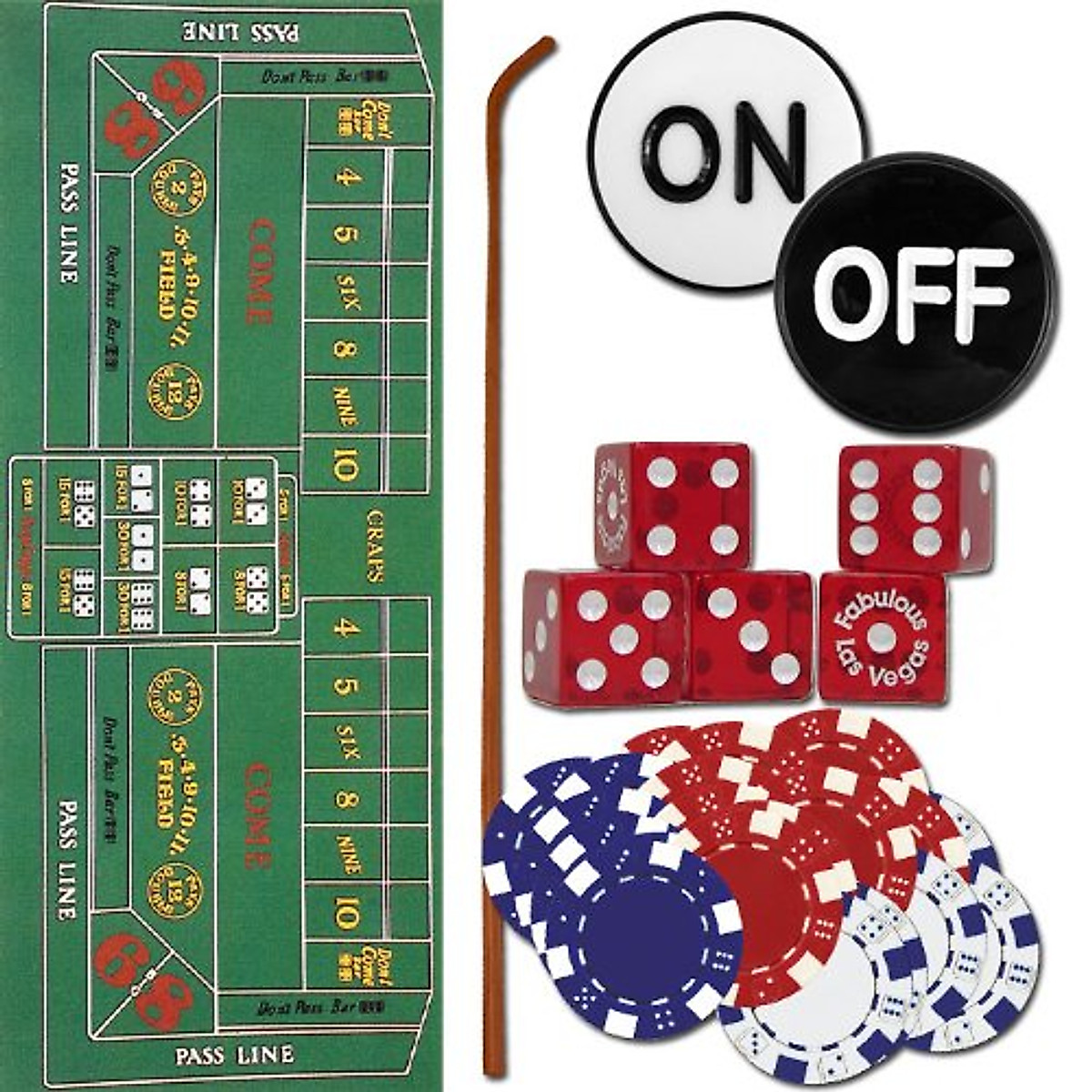 Deluxe Casino Craps Set with Felt, Dice Stick, Dice Cup, Dice, Chips & Button - Includes Bonus Deck of Cards!!