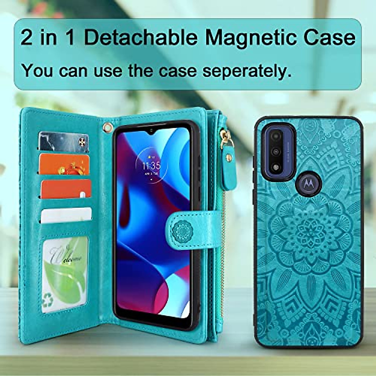 Harryshell Detachable Magnetic Zipper Wallet Leather Case with Cash Coin Pocket 12 Card Slots Holder Wrist Strap Lanyard for Motorola Moto G Pure/Moto G Power 2022 Flower (Blue Green)