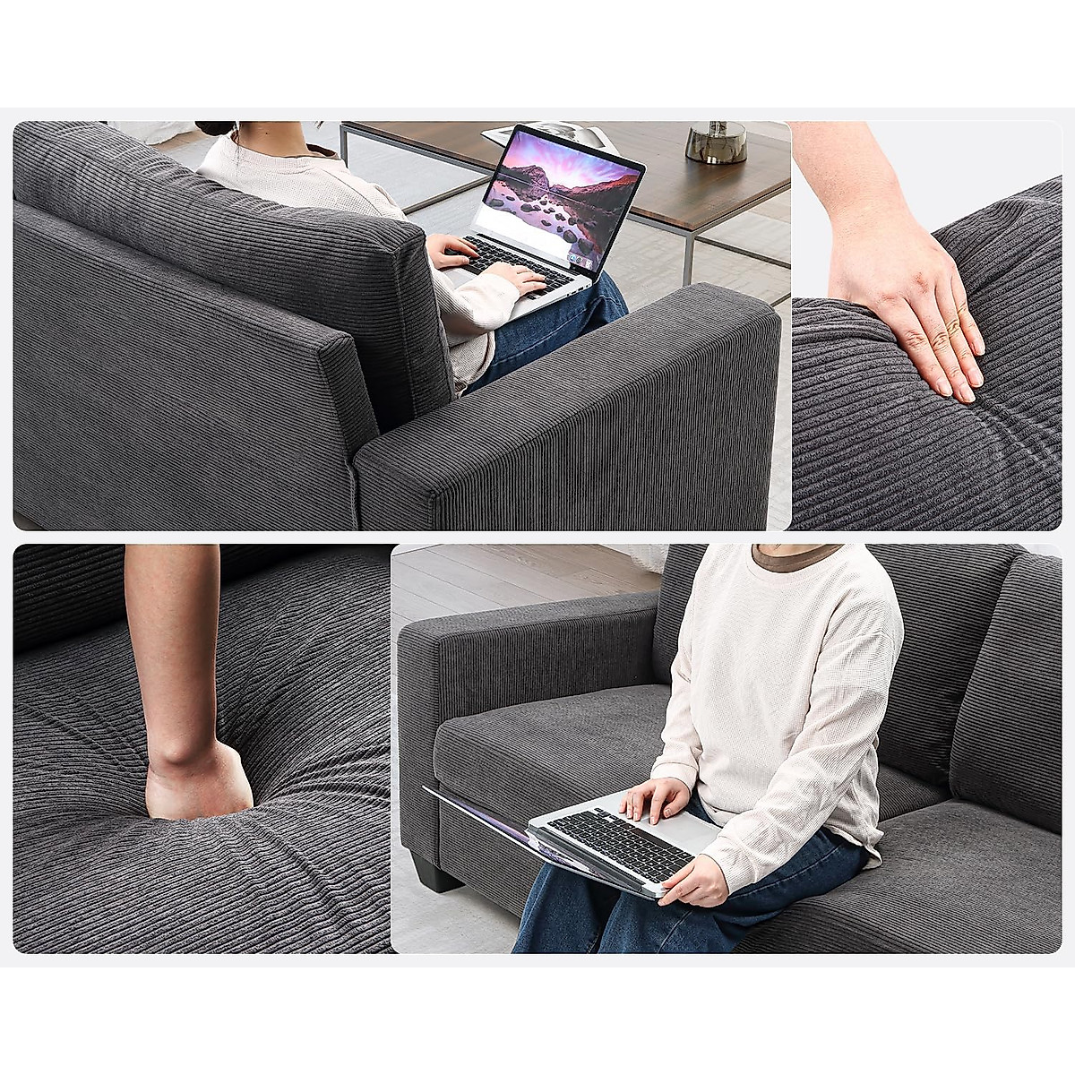 SUNNYFURN 83 Inch Couch for Living Room Sofa, 3 Seater 3 Seater Couch Modern Sofa Deep Couch, Corduroy Comfy Couch, Lounge Cozy Sofa for Living Room Apartment Small Space, Office,Dark Gray