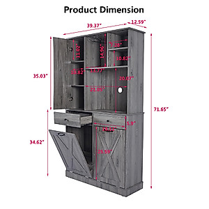 Bocarali Double Tilt Out Trash Cabinet, 20 Gallon Wood Free Standing Storage Cabinet with Drawers Shelves Wine Rack, Kitchen Garbage Can Recycling Bin Cabinet for Farmhouse Kitchen Living Room, Gray