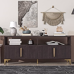 Merax Rustic Buffet Sideboard, Wood Storage Cabinet, Console Table with Open Shelves, 4 Doors for Living Room Kitchen Dining Room Espresso