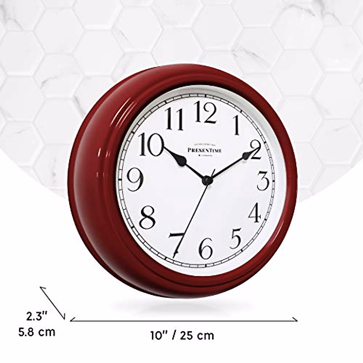 PresenTime & Co Chic Home Collection 10" Molly Clock, Silent No Ticking, Red Color