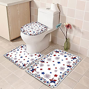 Wotrend 4th of July 3 Piece Bath Rugs Set Fireworks Patriotic Stars Farmhouse Bathroom Mats Absorbent Contour Soft Mat Toilet Lid Cover Bathroom Decor Set, 20"x32"+16"x18"+16"x20"