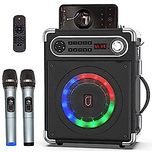 JAUYXIAN Bluetooth Speaker with Two Wireless Microphones, Outdoor Speaker with Subwoofer/Tweeter, Portable PA Speaker System with Remote Control, Discol Lights, FM, REC for Home, Party