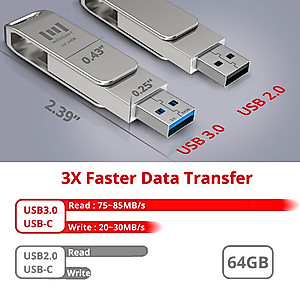 MOSDART 64GB Fast USB C Flash Drive 2 in 1 OTG USB C to USB A 3.1 Dual Thumb Drive Metal Memory Stick for USB-C Android Phones, iPhone 15, MacBook, iPad, Computers and More, Silver