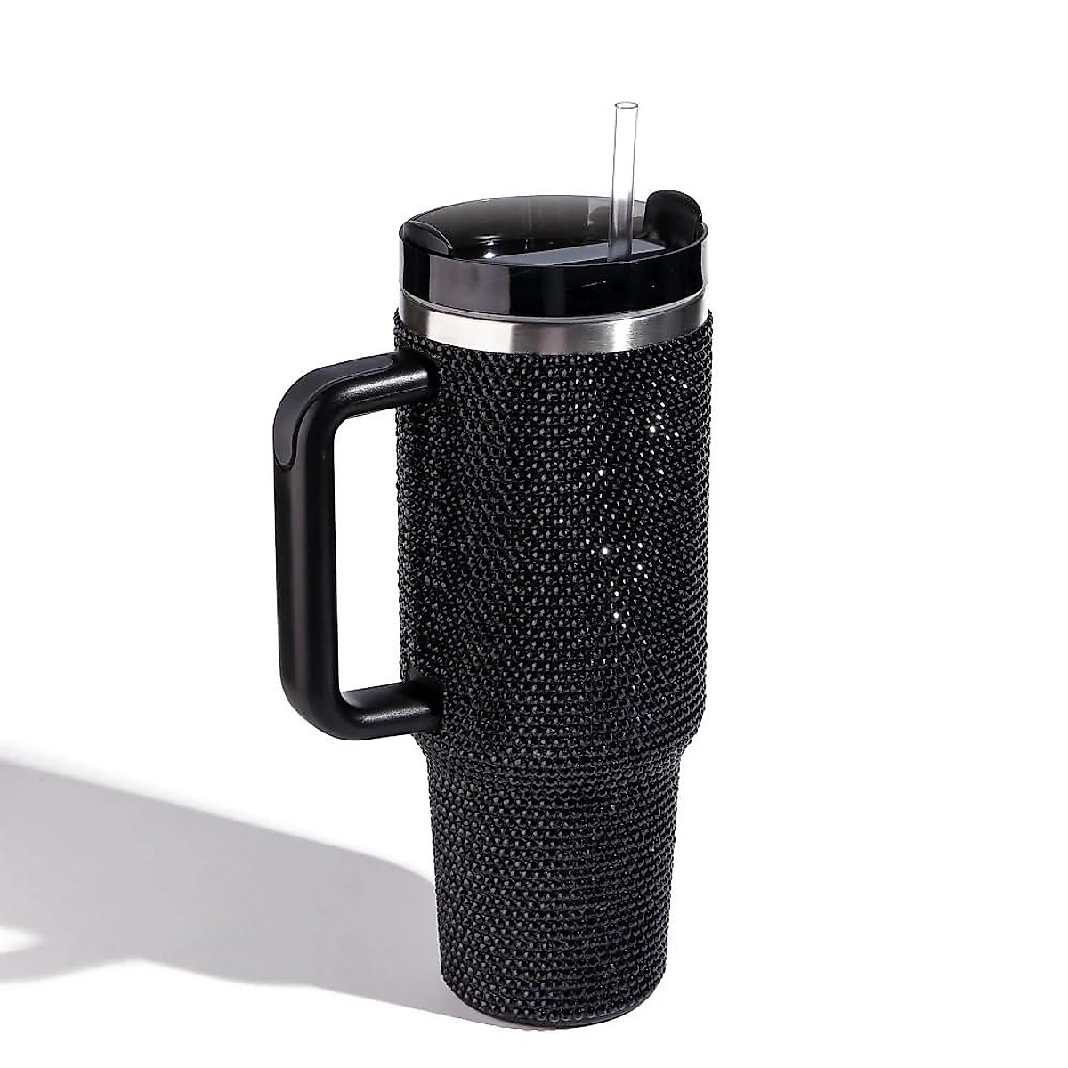 40 oz Black Bling Tumbler With Handle Rhinestones Tumbler With Lid and Straw Fix for Car Cup Holder Insulated Stainless Steel Double Wall Water Cup Travel Mug Tumbler.