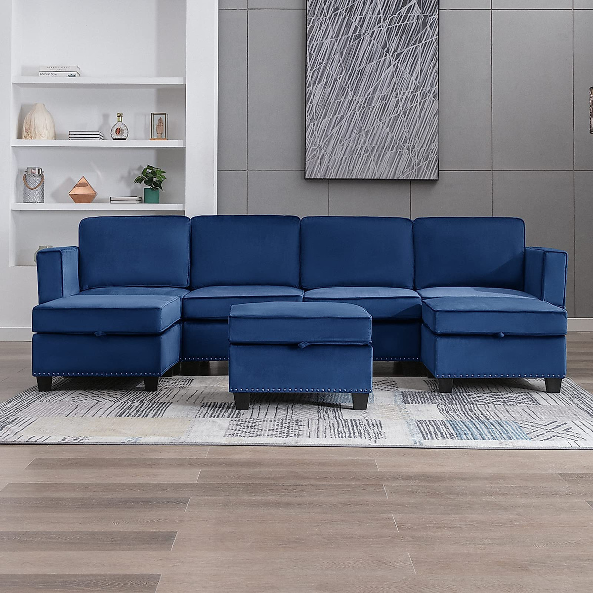 Horgaeo Reversible Sleeper Sectional Sofa, Modular U Shaped Couch with Storage Ottoman, Angle-Adjustable Armrest Velvet Fabric Sofa with Convertible Chaise for Living Room, Apartment, Studio (Blue)
