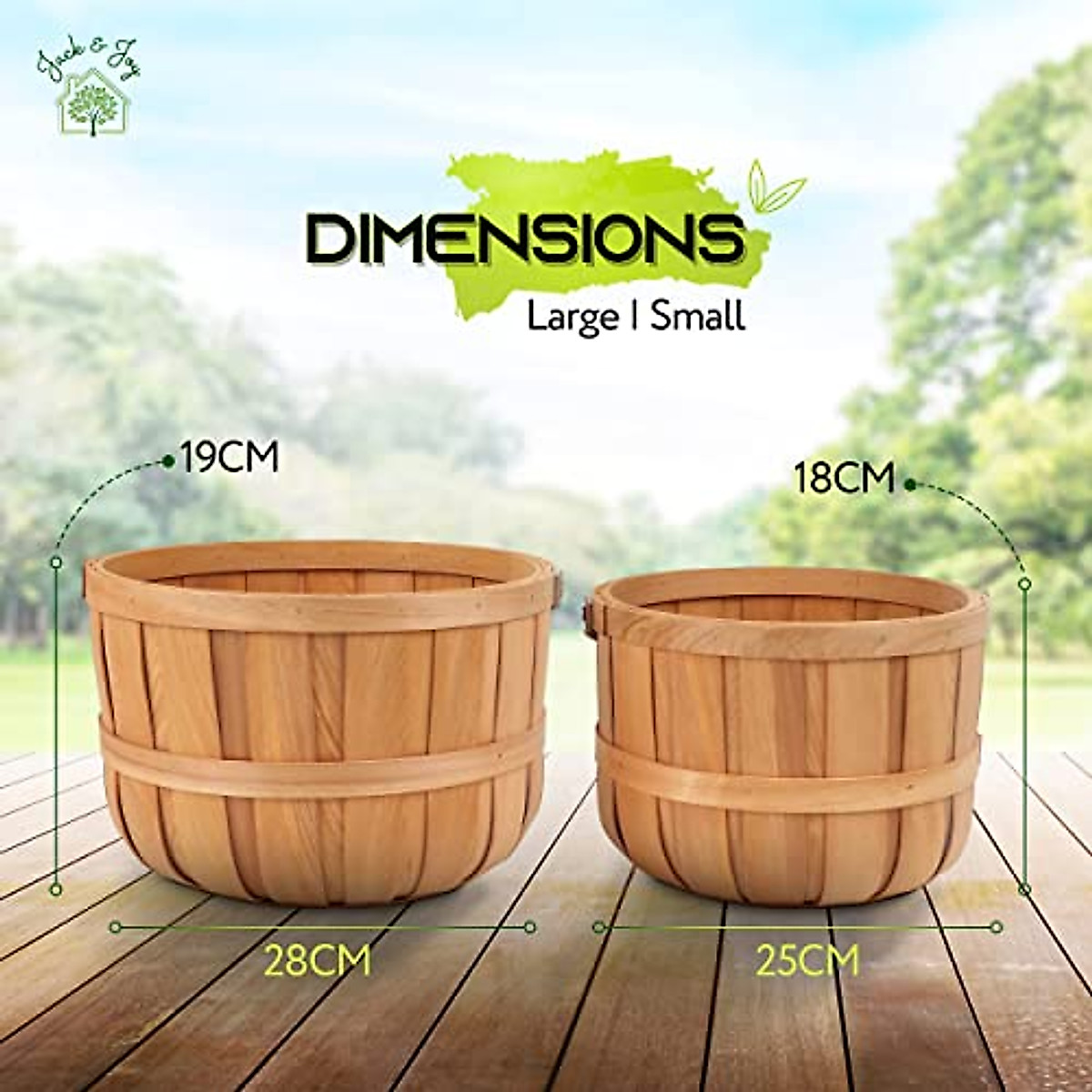 Jack & Joy Set of 2 Baskets for Produce – Thick Wood Slots and Reinforced Body, Display Fruits and Vegetables or Use in Home Garden, Fold Down Strap for Easy Carrying, Large 11" & Small 9"