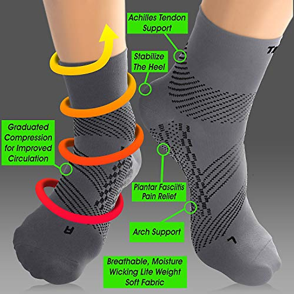 TechWare Pro Plantar Fasciitis Socks - Ankle Compression Socks Men & Women. Arch, Ankle & Foot Support Socks. (Gray Med)