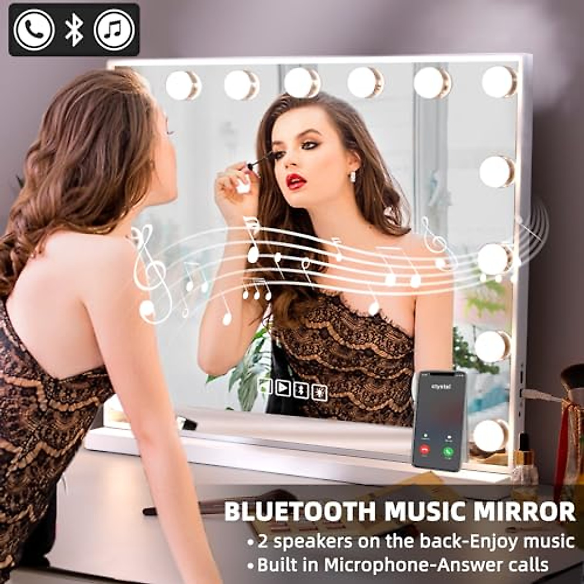 Hansong Hollywood Vanity Mirror with Lights, Bluetooth, 15 LED Bulbs, 3 Lighting Modes - White