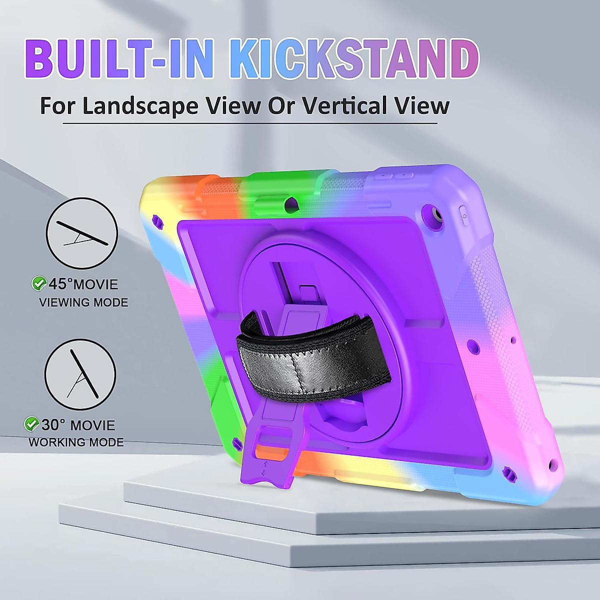 BMOUO Case for iPad 9th Generation Case, iPad 8th/7th Generation Case, iPad 10.2 Case, Shockproof Rotating Stand Hand Strap Kids Case for iPad 10.2" 2021/2020/2019 - Purple