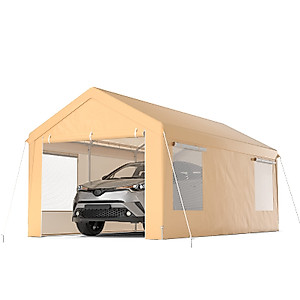 Tangkula 10x20 Ft Heavy Duty Carport, Portable Garage with Removable Sidewalls, Roll-up Door, Ventilated Windows, Metal Car Port for Auto, Truck, Boat, SUV (Yellow)