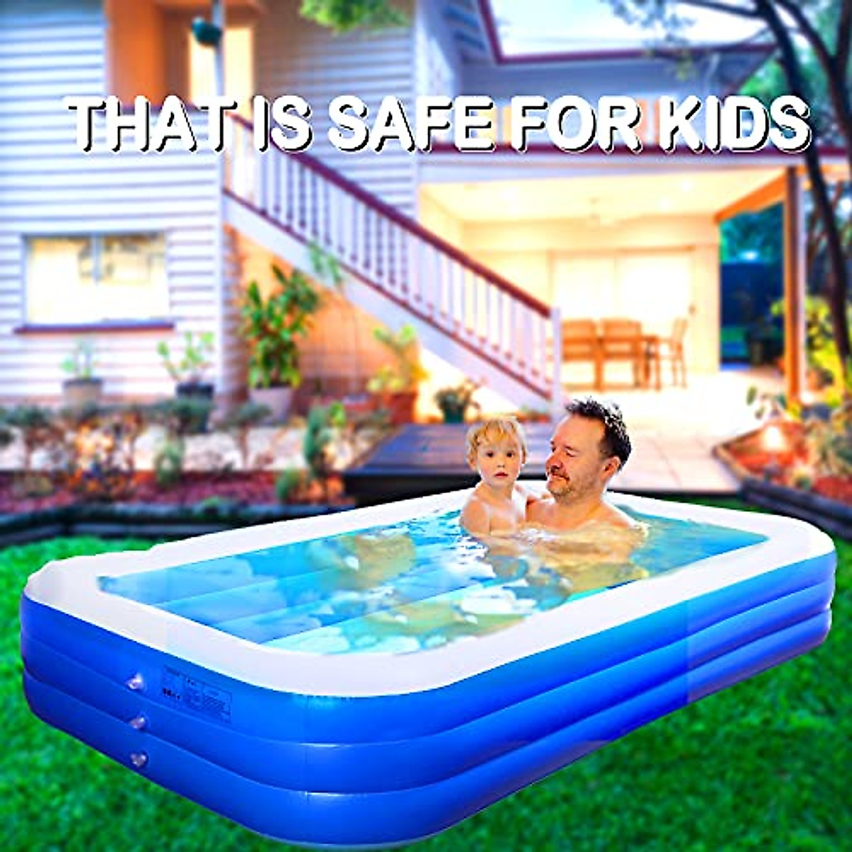 Blow Up Inflatable Kiddie Pool, 118" X 72" X 22" Family Full-Size Rectangular Swimming Big Pools for Adults Kids Outdoor, Backyard, Garden, Water Party Above Ground
