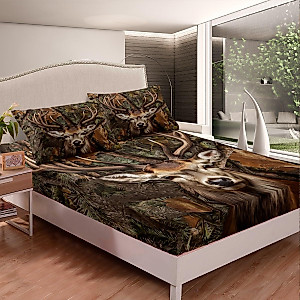 Camo Deer Kids Sheet Full Size,Dead Branches Wild Animals Hunting Bedding Set,Boys Girls Adults Room Decor,Rustic Farmhouse Camouflage Brown Retro Bed Sheet Set 4pcs(Fitted + Flat + 2 Pillowcases)