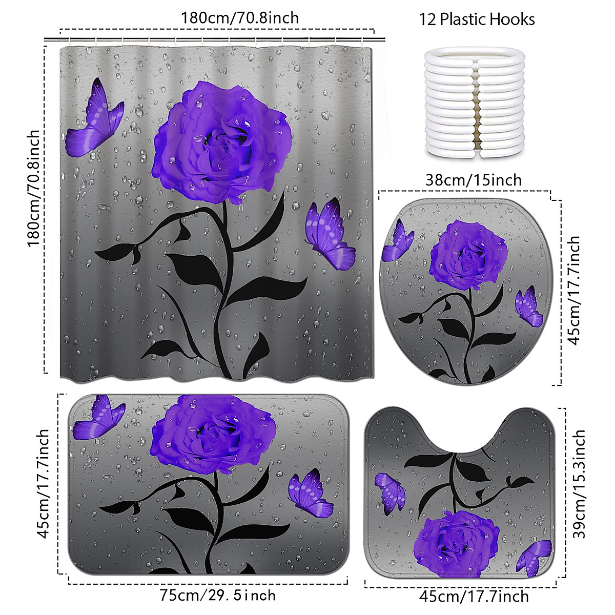 Planially 4Pcs Purple Rose Flower Shower Curtain Sets,Rose Flower Bathroom Sets with Shower Curtain, Toilet Lid Rug, Contour Mat and Bath Mat, 12 Hooks for Bathroom Set Decor,72 * 72In