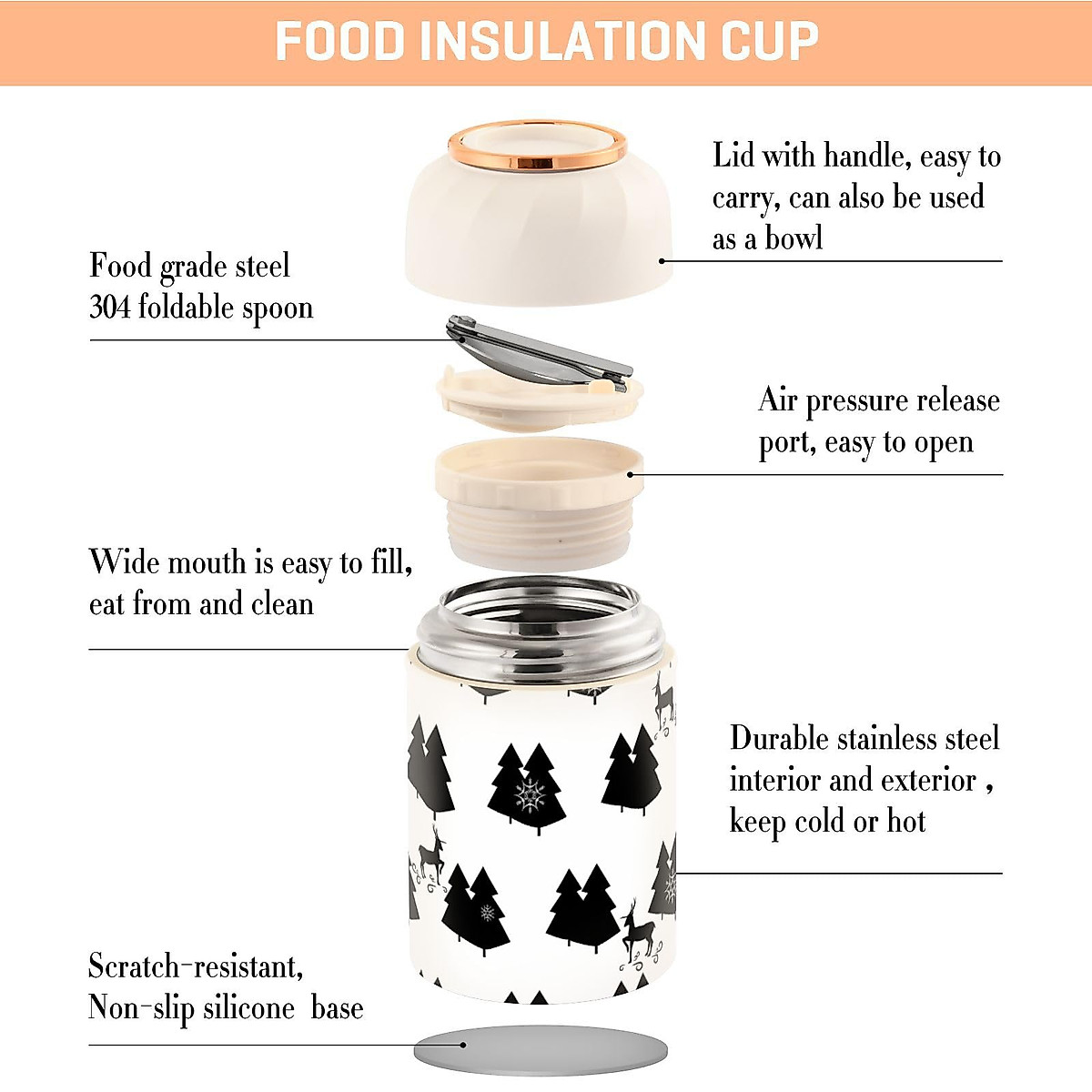 JUNZAN Black Christmas Tree Deer Kids Womens Insulated Food Jar Containers with Spoon 17oz/500ml Containers To Keep Food Hot Stainless Steel Vacuum Food Warmer Thermo Container for Hot/Cold Food