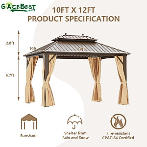 GAZEBEST 10' X 12' Permanent Hardtop Gazebo, Outdoor Galvanized Steel Double Roof Pavilion Pergola Canopy with Aluminum Frame and Privacy Curtains for Garden Patio,Patio Backyard,Deck and Lawns