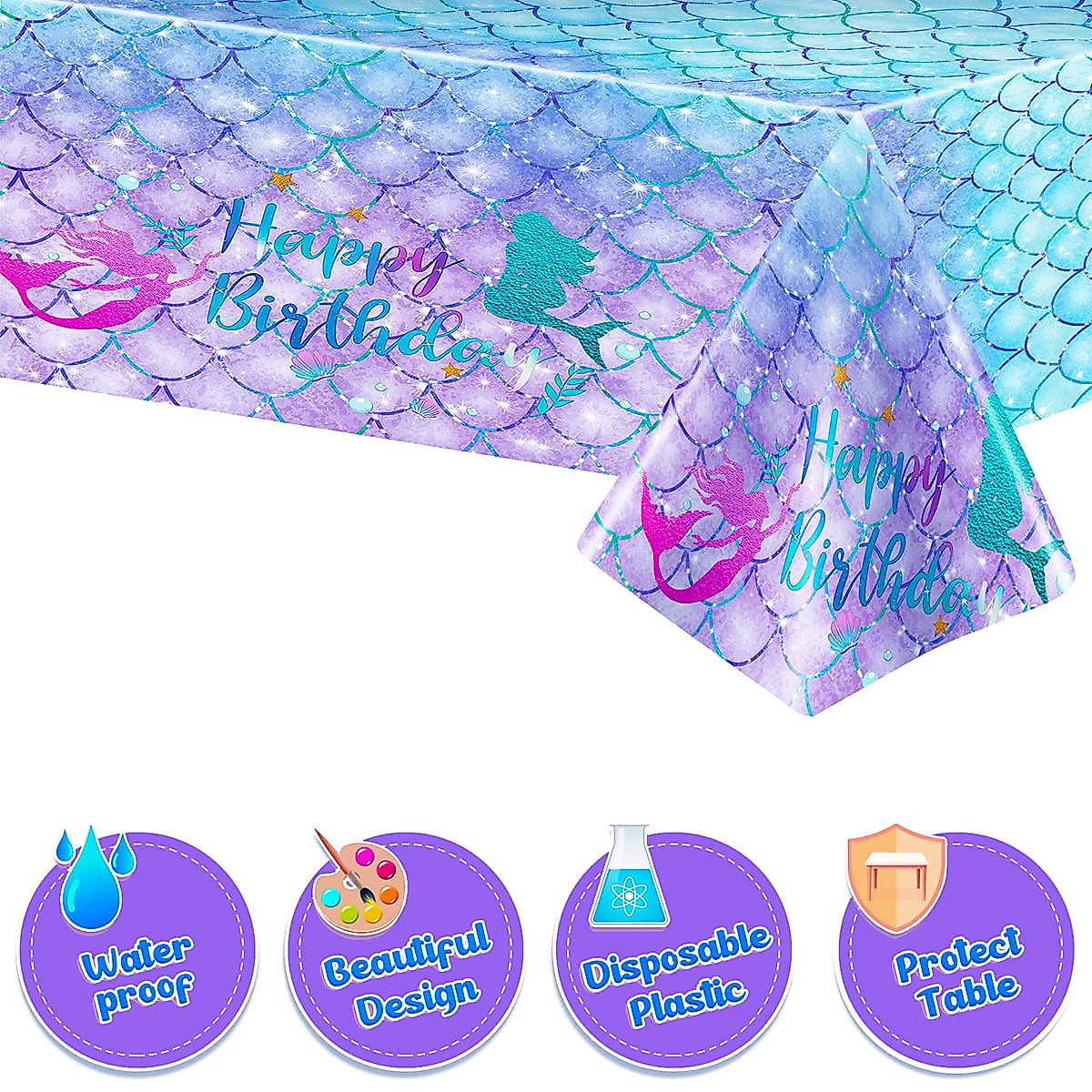 DaiUni 1PCS Mermaid Birthday Tablecloth for Birthday Party Decoration, Plastic Disposable Rectangle Table Cover for Kids Girls Party Supplies, 54" x 108"