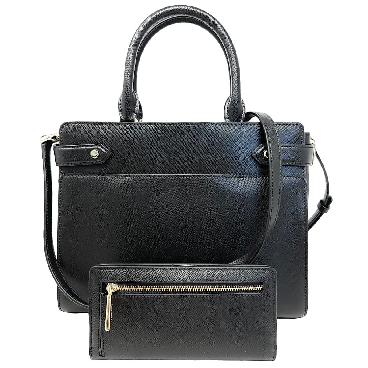 Kate Spade New York Staci Medium Saffiano Leather Satchel Purse With Matching Lg Slim Bifold Wallet (Black)