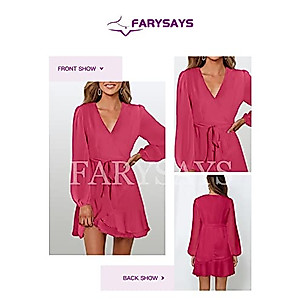 FARYSAYS Women's V Neck Wrap Dresses Long Sleeve Fashion Mini Dress for Ladies Elegant Cocktail Party Wedding Guest Outfits Hot Pink Large