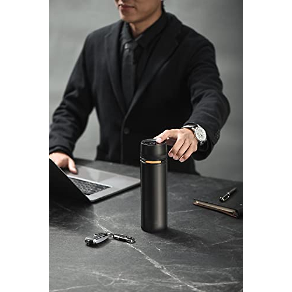 Hydr8 Rehydr8-Stainless Steel Water Bottle 17oz Thermos Coffee Flask Hydro Jug With Tea Infuser Stainless Steel Water Bottle w/ LED Temperature Display Stay Cold/Hot~24Hour-Black