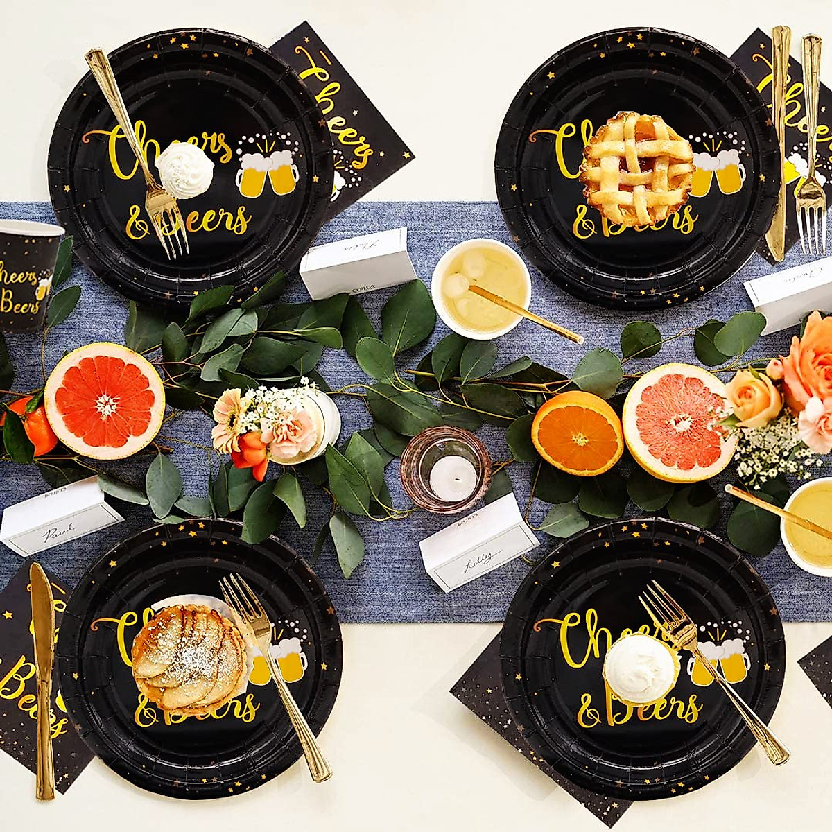 61Pcs Cheers Beer Party Supplies,Black and Gold Party Supplies Set (Plates,Napkins,Cups,Tablecloth)Cheers Beers and Beer Mugs Design,for 90th 80th 70th 60th 50th 40th 30th Cheers Party Decorations