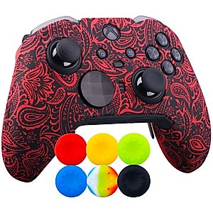 9CDeer 1 x Protective Customize Transfer Print Silicone Cover Skin Plants Red + 6 Thumb Grips Analog Caps for Xbox Elite Series 2 Controller
