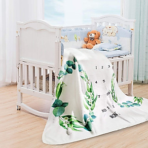 Baby Monthly Milestone Blanket Twins - Newborn Month Blanket Unisex Neutral Personalized Shower Gift Leaf Nursery Decor Photography Background Prop with Wooden Wreath Large 51''x40''