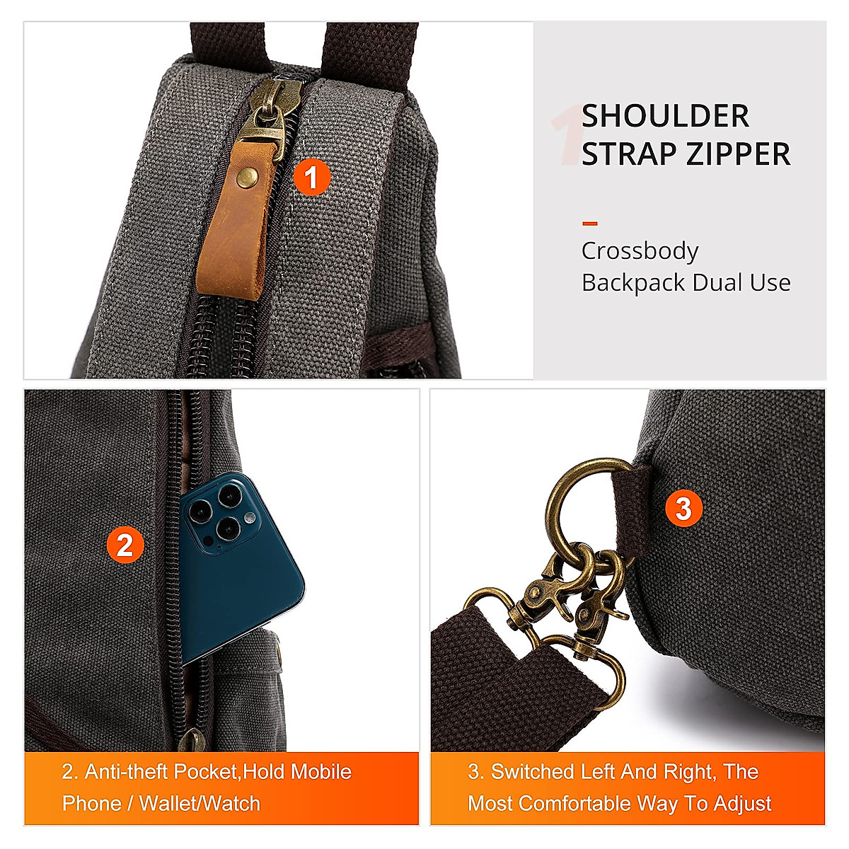 LOVEVOOK Sling Bag Canvas Crossbody Backpack Genuine Leather Shoulder Bag Casual Daypacks For Men Cycling Hiking Travel