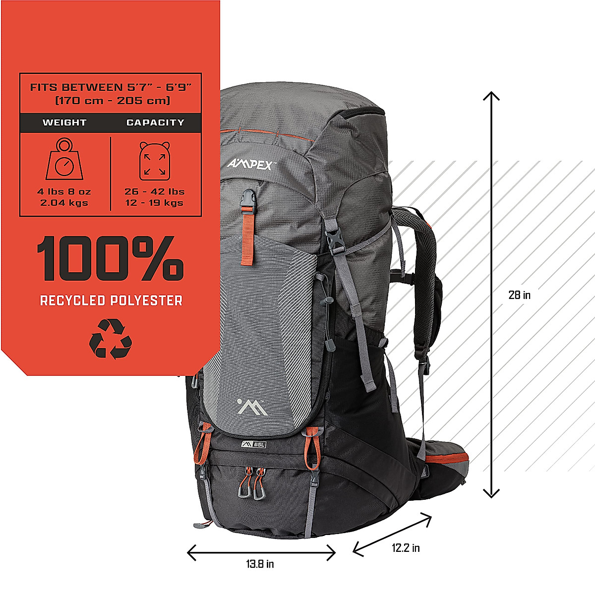 AMPEX Hiking Backpack | Camping Essentials Lightweight Backpack for Men & Women, Travel Bag for Backpacking, Camping, Hunting and More (65 Liter)