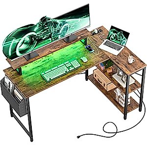Homieasy L Shaped Computer Desk with LED Strip & Power Strip, 55 Inch Corner Desk with Monitor Stand Reversible Storage Shelves, Modern Simple Home Office Gaming Desk with Storage Bag(Rustic Brown)
