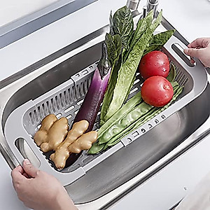 MineSign Extendable Over the Sink Colander Fruits and Vegetables Drain Basket Adjustable Strainer Sink Washing Basket for Kitchen (Green)