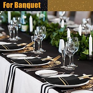 Roshtia 50 Pack Dinner Napkins Disposable Linen Feel Dinner Napkins with Built-in Flatware Pocket Gold Trim Lined Pre Folded Paper for Wedding Party (Black,Gold)