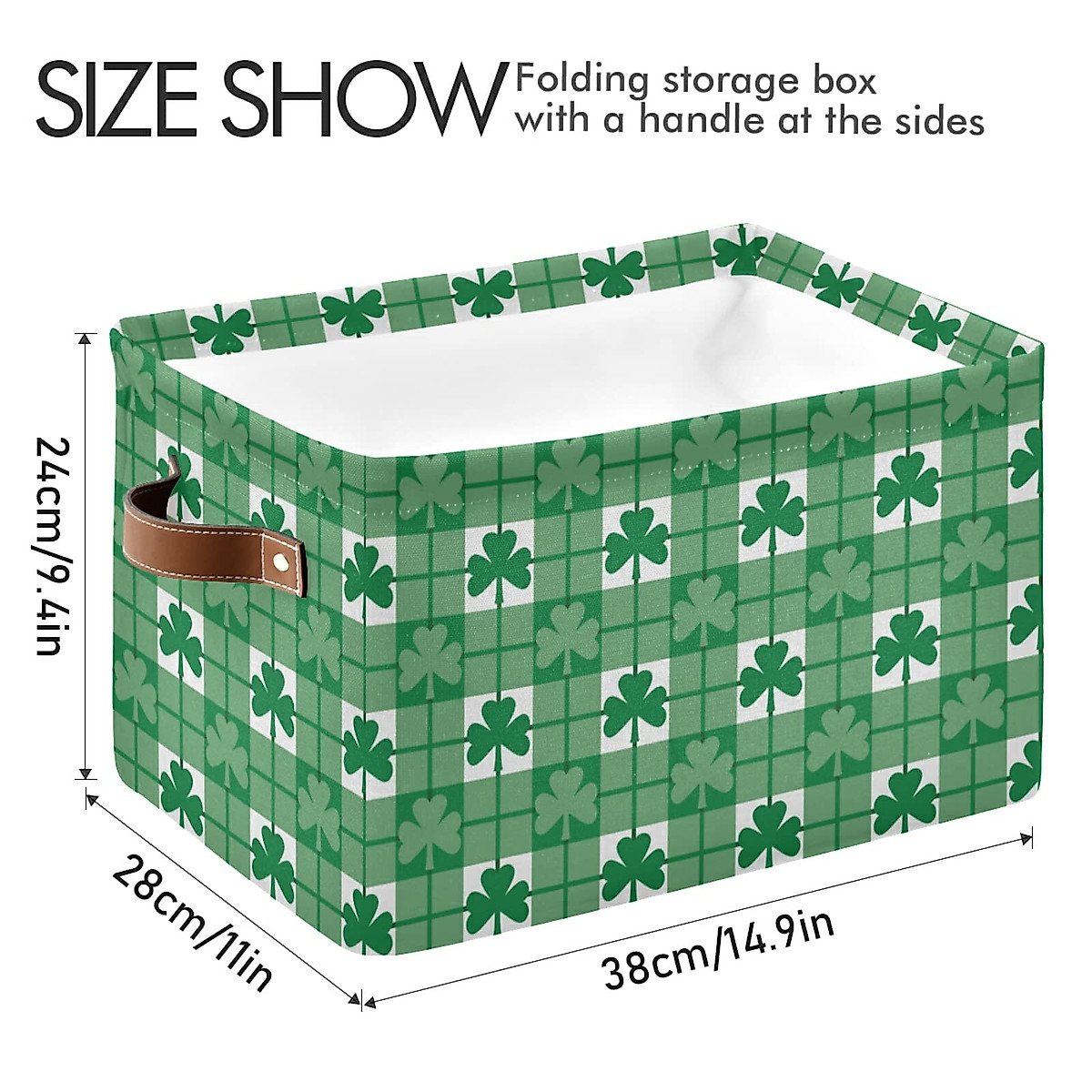 senya St. Patrick's Day Storage Basket, Large Foldable Storage Basket with Handles, Green Shamrocks with Plaid Fabric Collapsible Storage Bins Organizer Bag