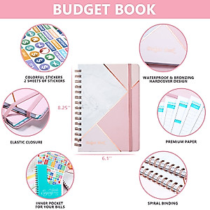 Budget Planner Book, 12 Monthly Financial Organizer, 6" x 8.2", Planner Organizer with Expense Tracker Undated Accounts Book, Account Book with Pocket, Stickers - Pink Marble