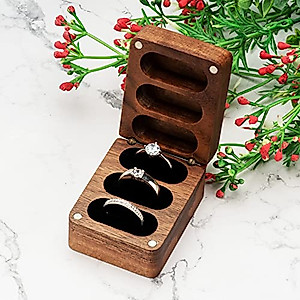 COSISO Walnut Wooden Wedding Ring Storage Box,Solid Ring Holder for Ring 3 Slots Wedding Ceremony Engagement Birthday (Black Inner)