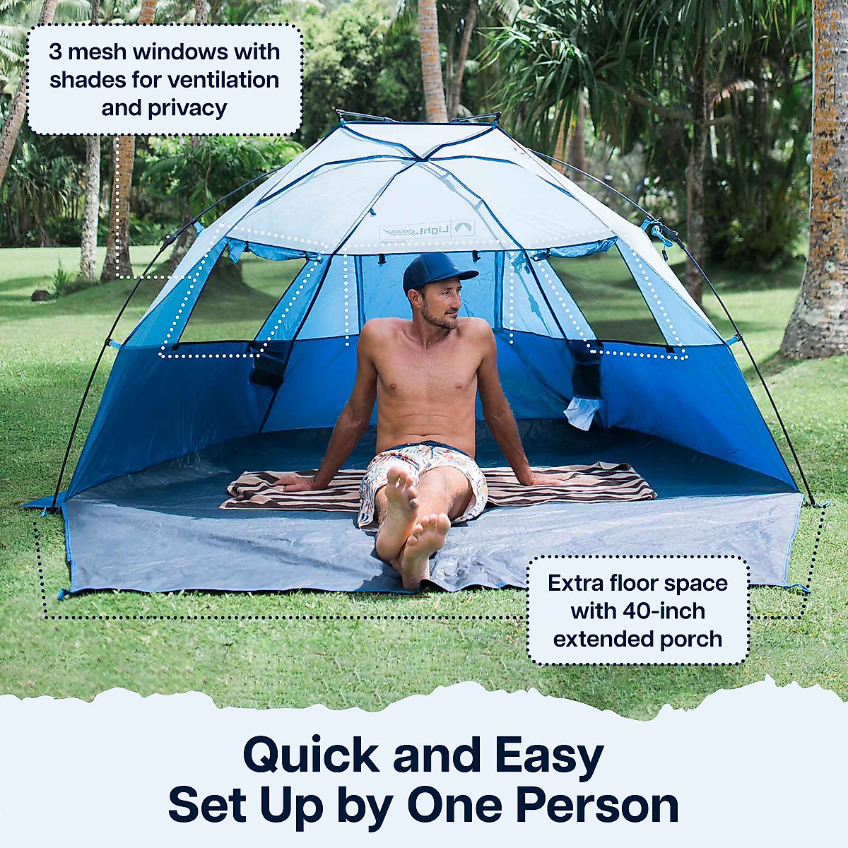 Lightspeed Outdoors Quick Cabana Beach Tent, Sun Shelter, Blue Tide