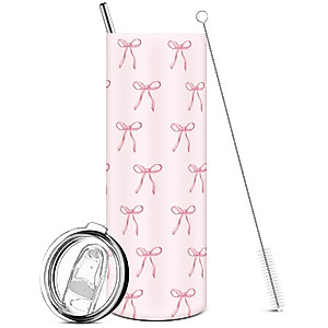 Skylety Pink Bow Tumbler with Lid and Straw, 20 oz Coquette Bow Stainless Steel Drinking Cup for Women Friend Birthday Party Gifts