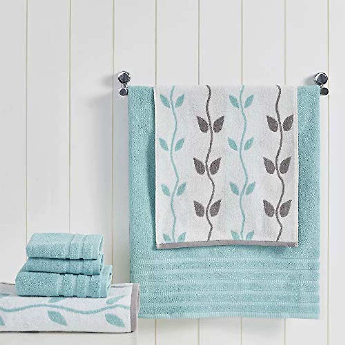 Amrapur Overseas 6-Piece Yarn Dyed Organic Vines Jacquard/Solid Ultra Soft 500GSM 100% Combed Cotton Towel Set [Aqua]