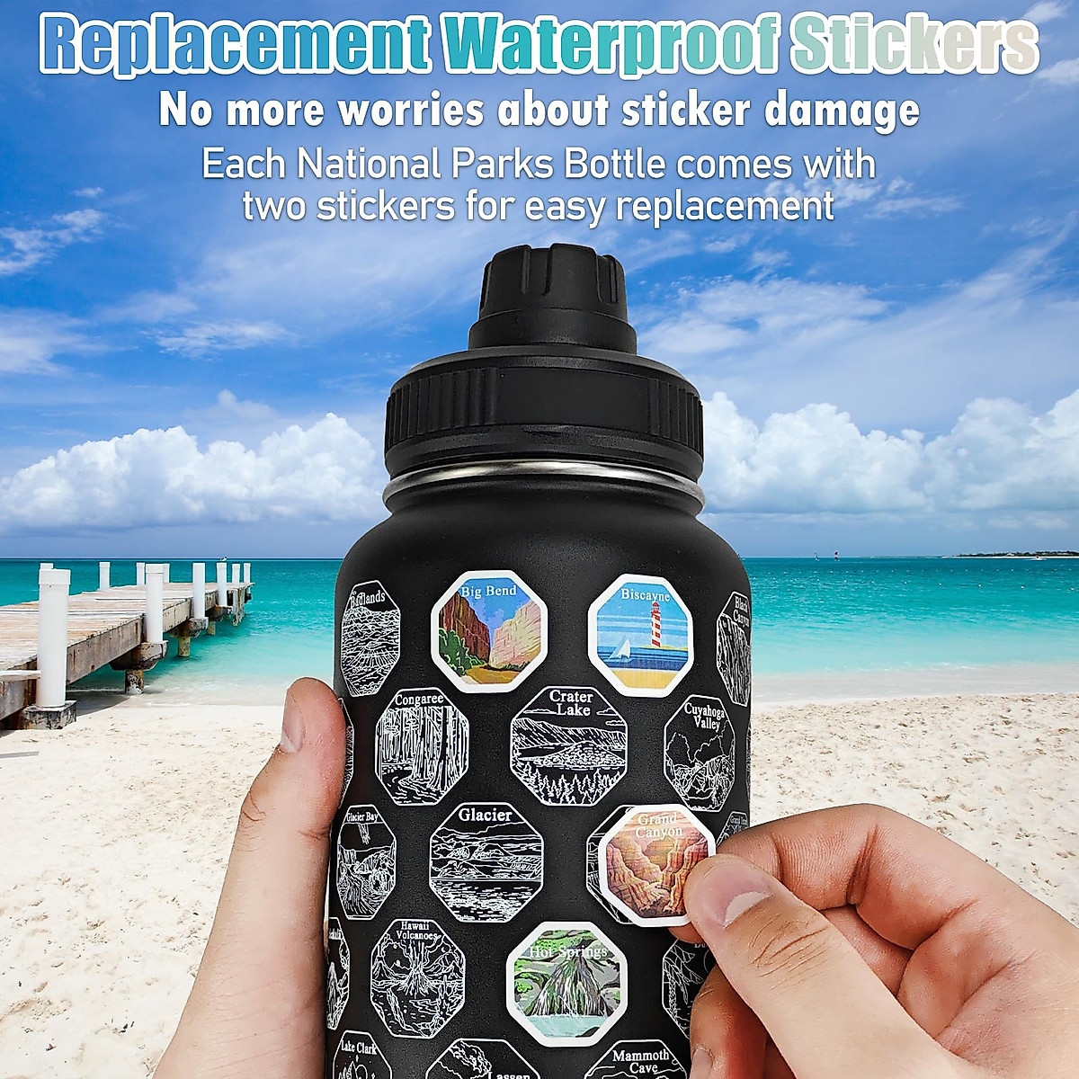 XccMe National Parks Water Bottle with Stickers,32 oz Insulated Stainless Steel Water Bottle with 2 Lids,Straws,Silicone Boot,Waterproof Stickers,Travel Vacuum Sealed Water Bottle,Leak Proof (Black)
