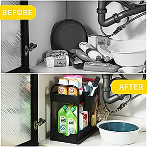 Bathroom Organizer, Under Sink Organizers and Storage, TITETE 2 Tier Sliding Under Sink Organizer, Under Cabinet Storage Drawer Bathroom Kitchen with 2 Handles, 5 Clapboards, 1 Hanging Cup and 8 Hooks