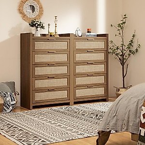 SICOTAS Dresser for Bedroom Chest of Drawers Tall Dresser with 5 Rattan Drawers Wood Dresser for Closet Boho Clothes Storage Tower Large Nightstand Sets for Living Room Hallway Nursery Entryway