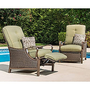 Hanover Ventura Steel Outdoor Patio Woven Luxury Recliner with Brown Wicker, Vintage Meadow Green Cushions and Pillow