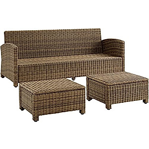 Crosley Furniture Bradenton 3-Piece Outdoor Sofa Patio Furniture Set, Wicker Conversation Sets for Porch, Brown with Sand Cushions