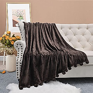 Home Soft Things Pompom Bed Couch Throw Blanket, 50'' x 60'', Chocolate, Fuzzy Soft Comfy Warm Decorative Throw Blanket for Living Room Bedroom Suitable for All Seasons