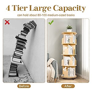 tonchean 4 Tier Rotating Bookshelf Tower,Wood Revolving Bookcase with Wheels Vertical Kids Toddler Bookshelf with Storage,Corner Display Bookshelf Rack for Library Study Office Living Room