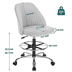 SMUG Standing, Fabric Desk Armless Drafting Counter Height Adjustable Office, Bar Shop Guitar Tall Vanity Stool Chair with Backrest Wheels, Grey