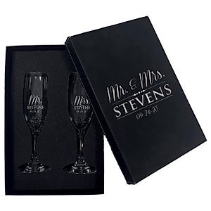 My Personal Memories, Set of 2 Mr and Mrs Personalized Champagne Wedding Toasting Flute Glasses - Engraved, Etched, Monogrammed, Customized
